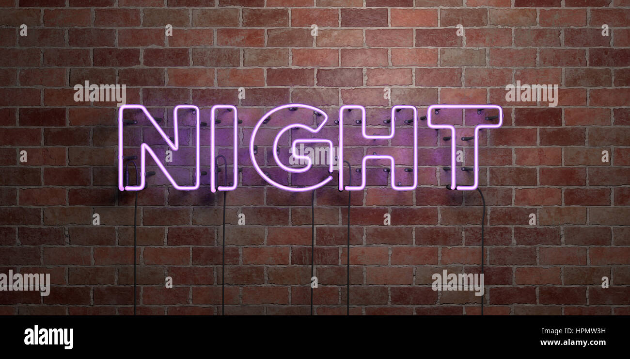 NIGHT - fluorescent Neon tube Sign on brickwork - Front view - 3D ...