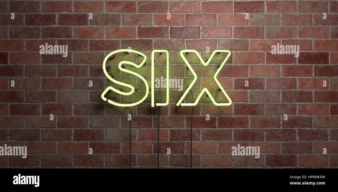 SIX - fluorescent Neon tube Sign on brickwork - Front view - 3D ...