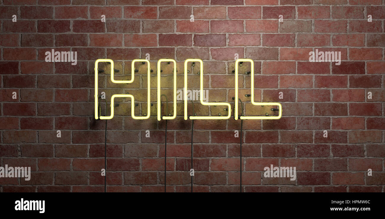 HILL - fluorescent Neon tube Sign on brickwork - Front view - 3D ...