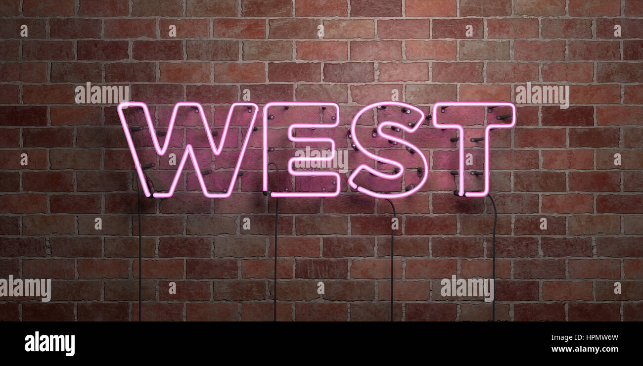 WEST - fluorescent Neon tube Sign on brickwork - Front view - 3D ...