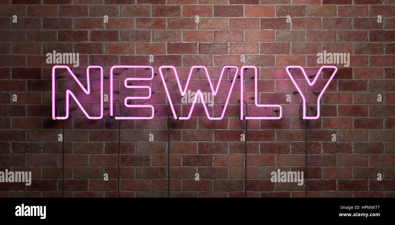 NEWLY - fluorescent Neon tube Sign on brickwork - Front view - 3D ...