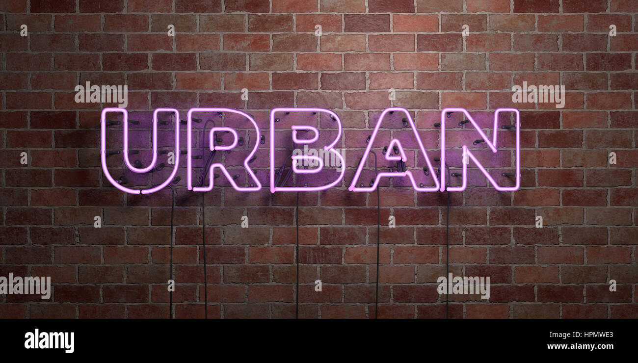 URBAN - fluorescent Neon tube Sign on brickwork - Front view - 3D ...