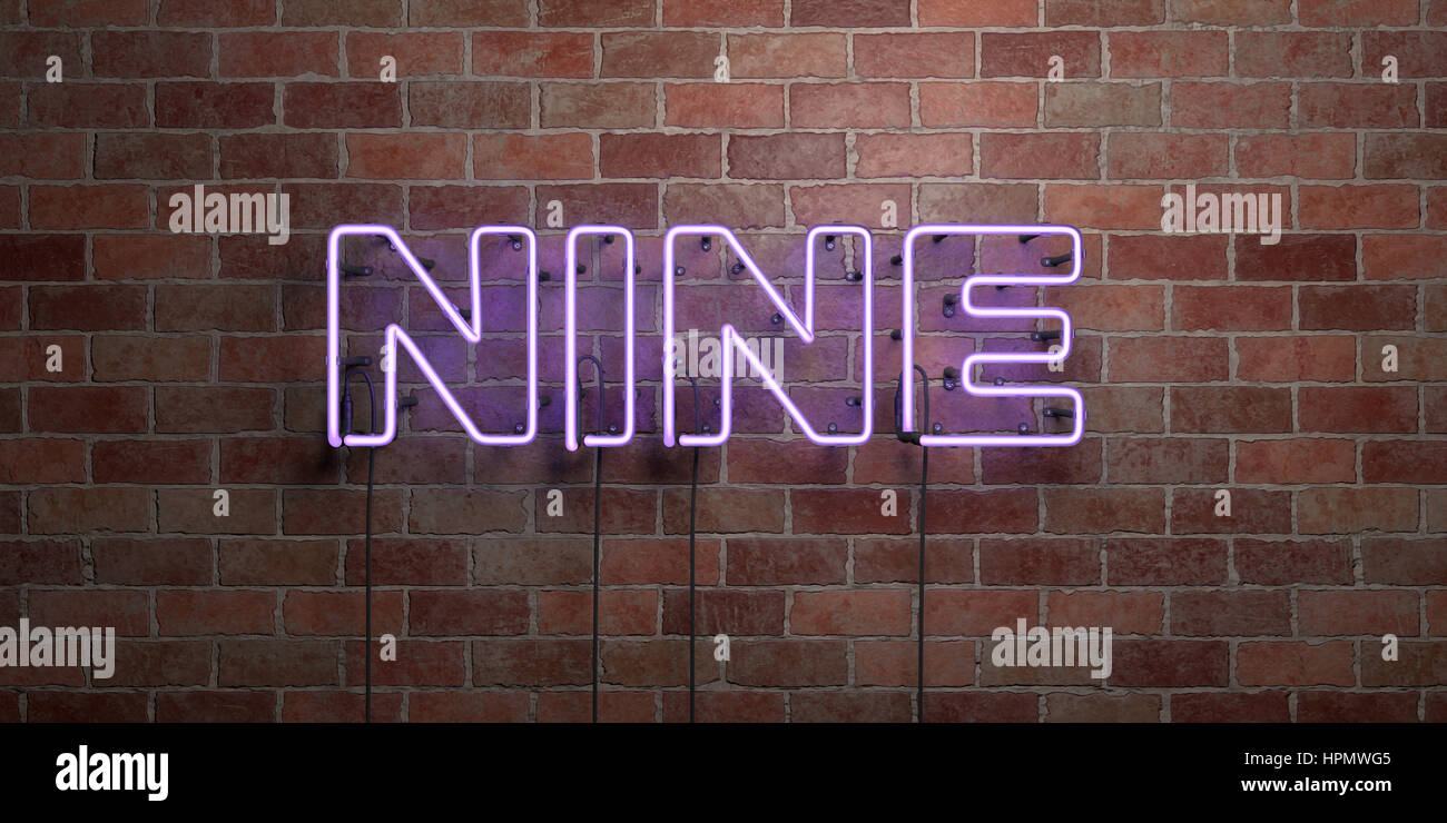 NINE - fluorescent Neon tube Sign on brickwork - Front view - 3D ...