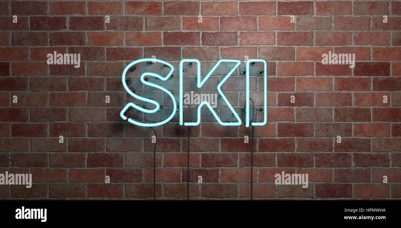 SKI - fluorescent Neon tube Sign on brickwork - Front view - 3D ...