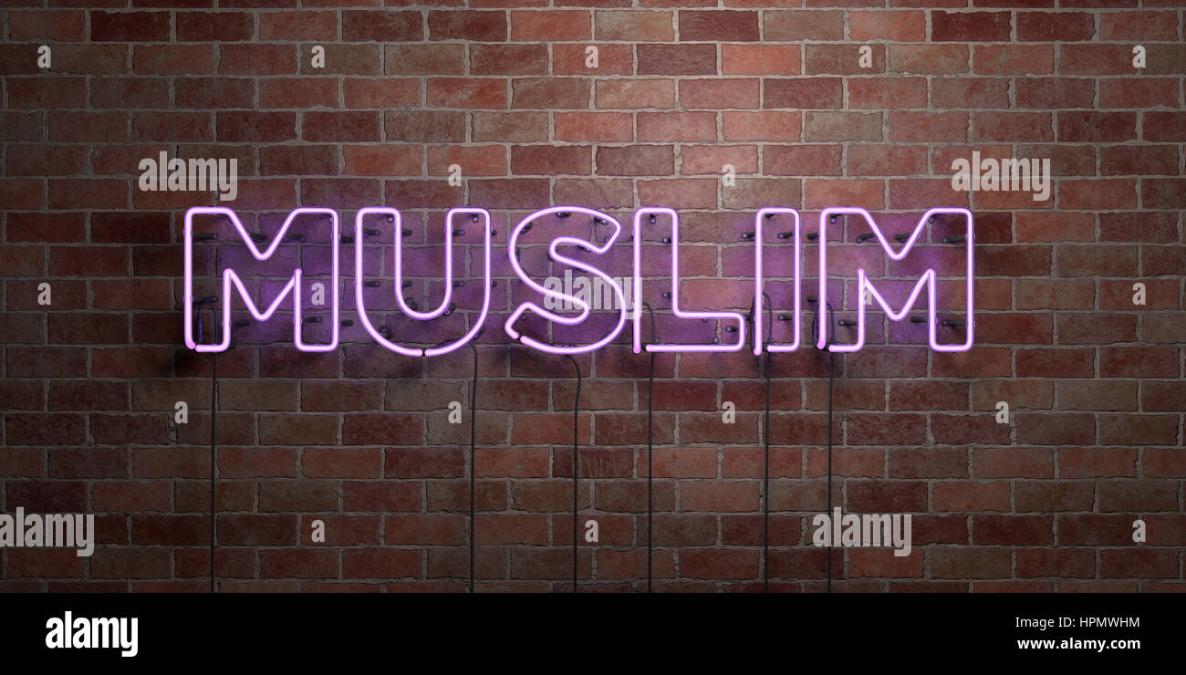 MUSLIM - fluorescent Neon tube Sign on brickwork - Front view - 3D ...