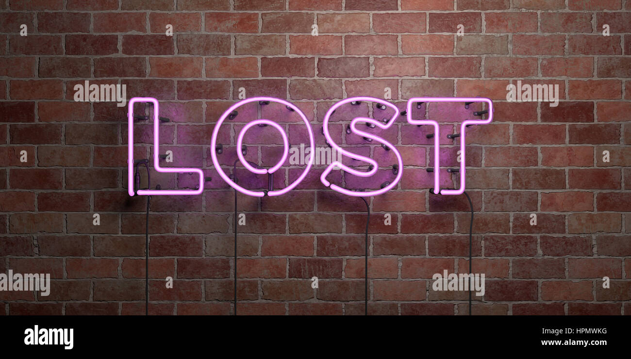 LOST - fluorescent Neon tube Sign on brickwork - Front view - 3D ...