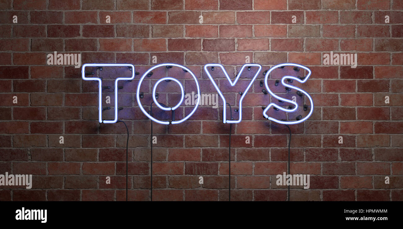 TOYS - fluorescent Neon tube Sign on brickwork - Front view - 3D ...