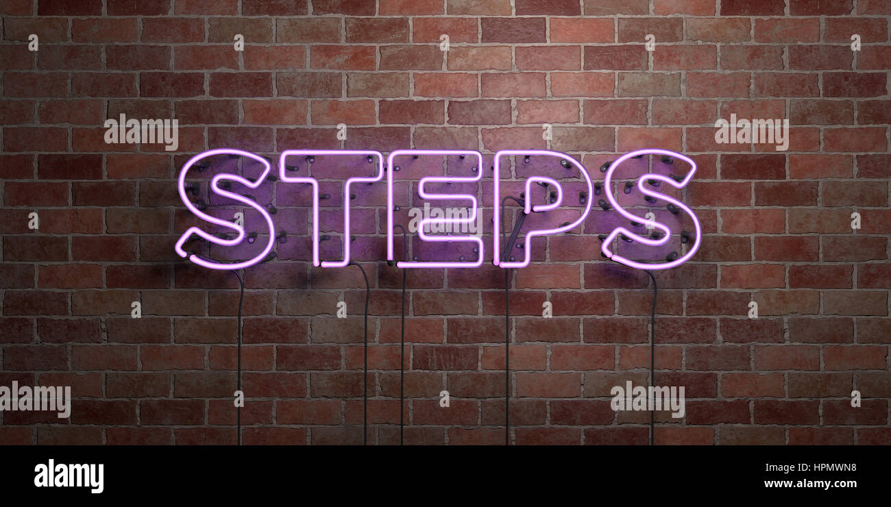 STEPS - fluorescent Neon tube Sign on brickwork - Front view - 3D ...