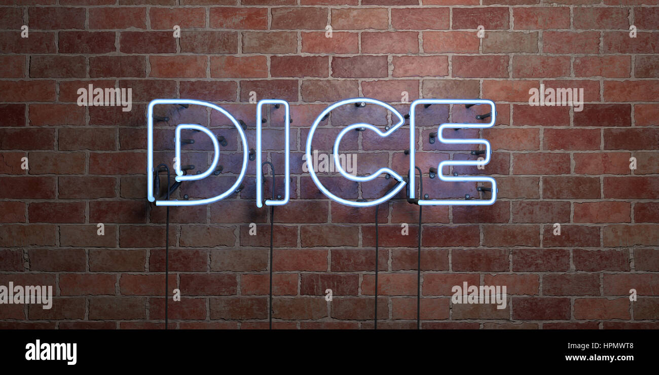DICE - fluorescent Neon tube Sign on brickwork - Front view - 3D ...