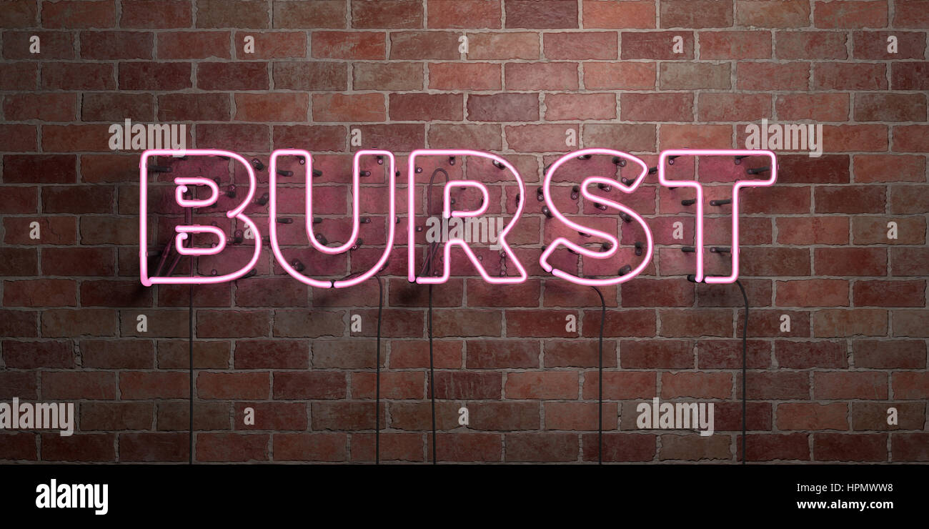 BURST - fluorescent Neon tube Sign on brickwork - Front view - 3D ...