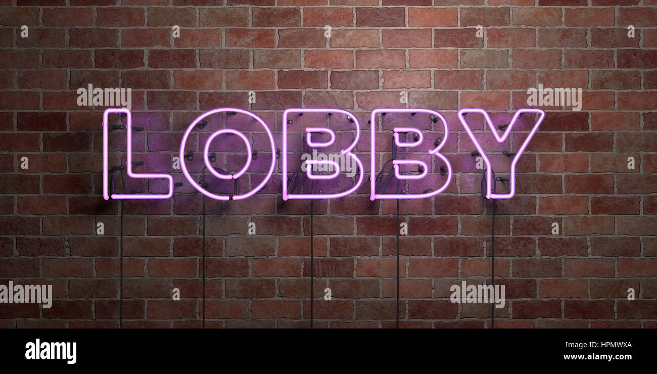 LOBBY - fluorescent Neon tube Sign on brickwork - Front view - 3D ...