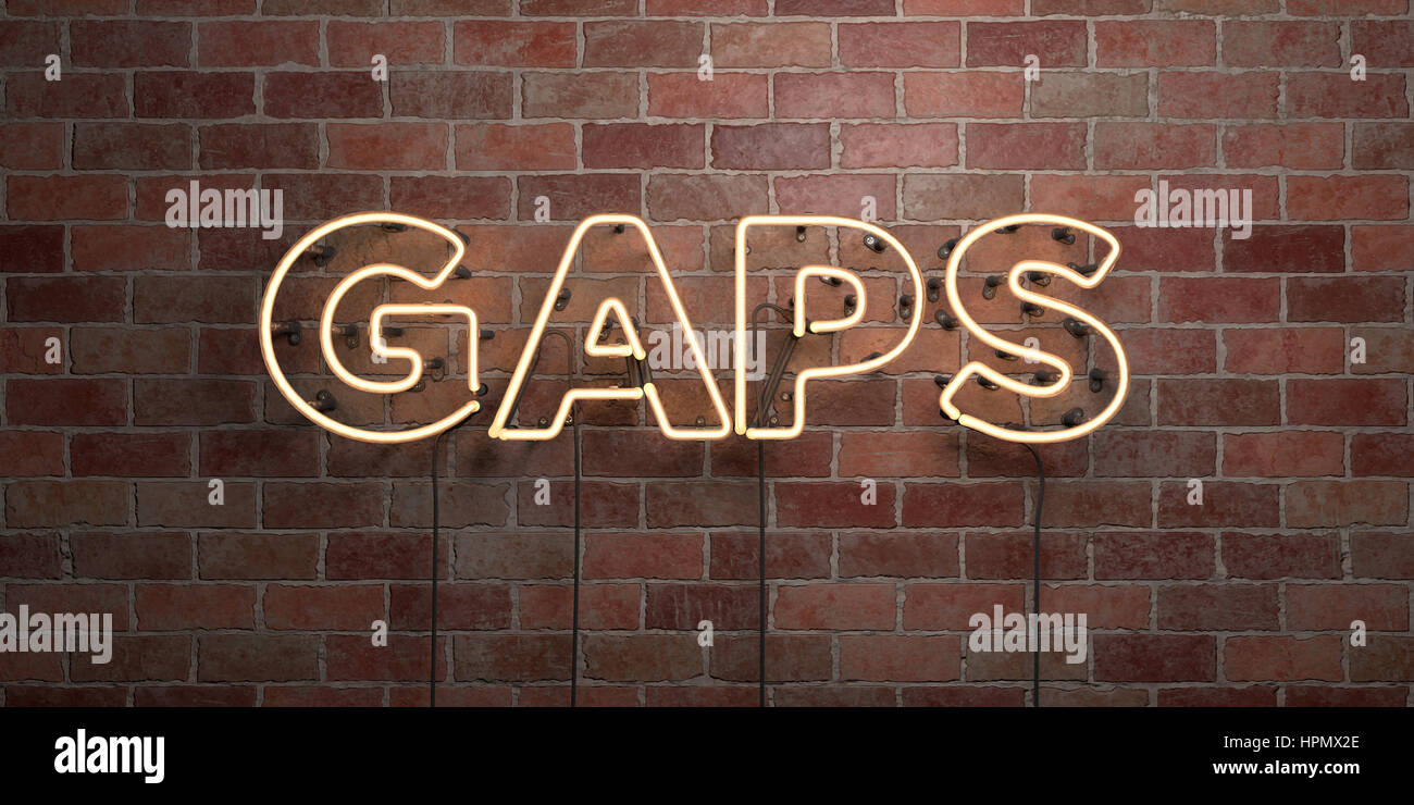 GAPS - fluorescent Neon tube Sign on brickwork - Front view - 3D ...
