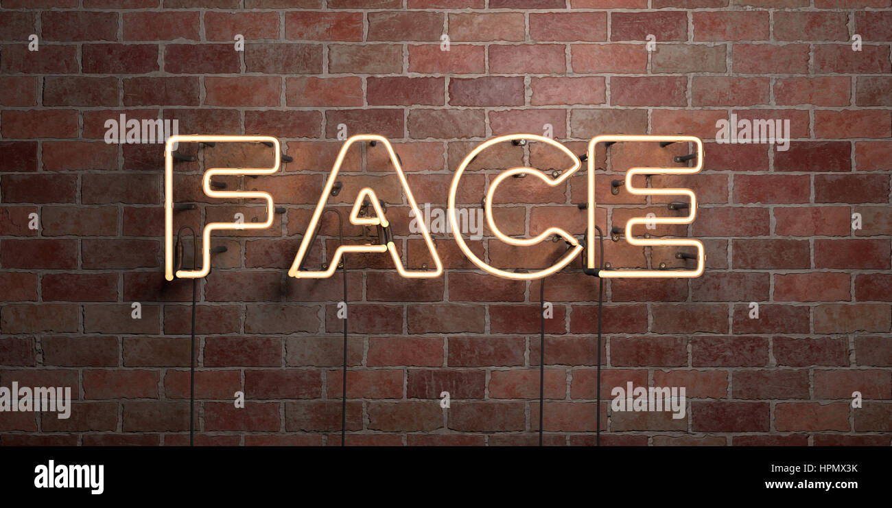 FACE - fluorescent Neon tube Sign on brickwork - Front view - 3D ...