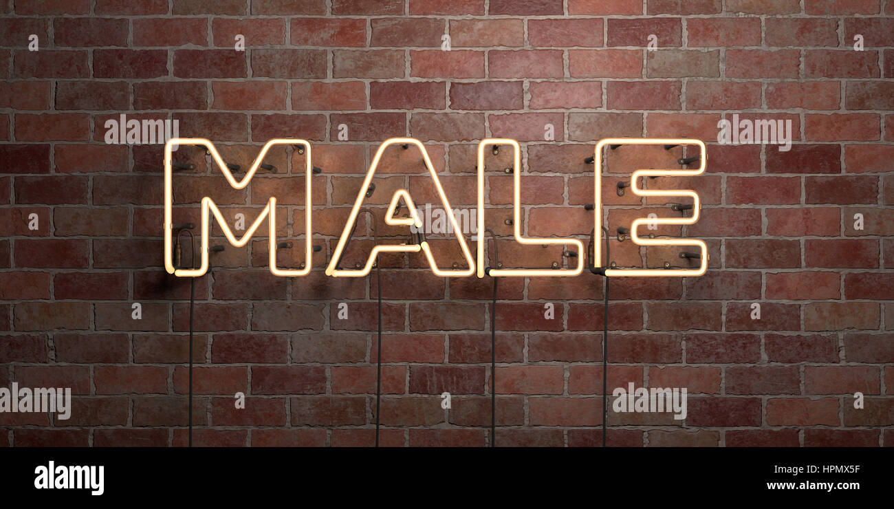 MALE - fluorescent Neon tube Sign on brickwork - Front view - 3D ...