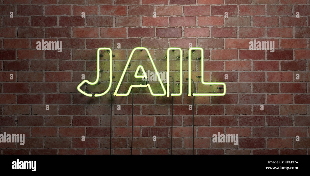 JAIL - fluorescent Neon tube Sign on brickwork - Front view - 3D ...
