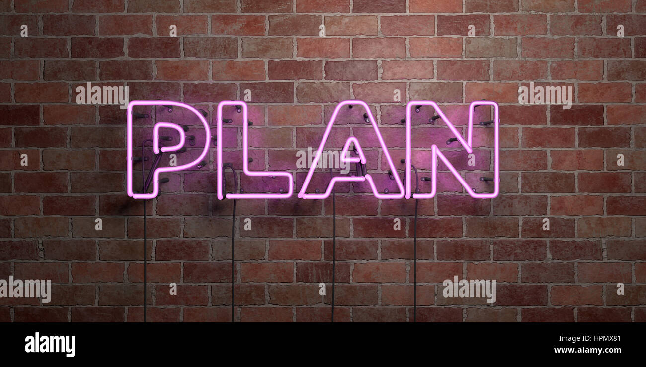 PLAN - fluorescent Neon tube Sign on brickwork - Front view - 3D ...