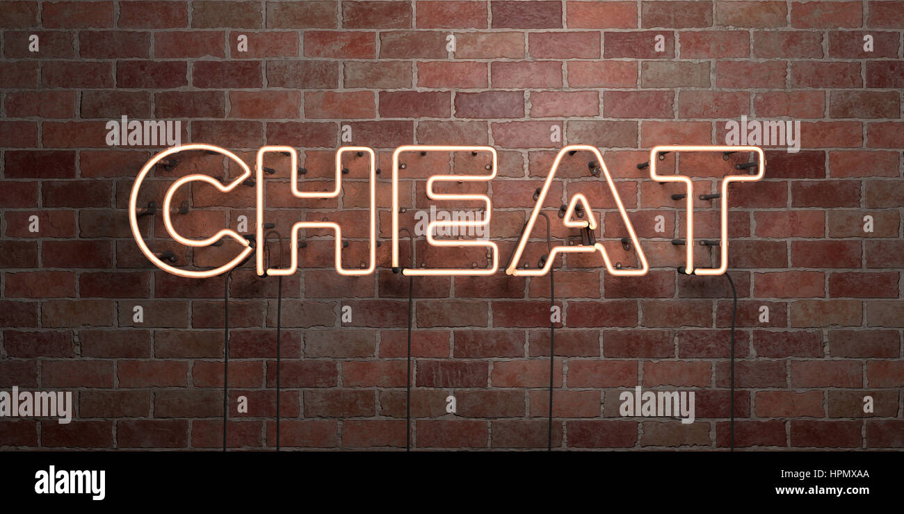 CHEAT - fluorescent Neon tube Sign on brickwork - Front view - 3D ...