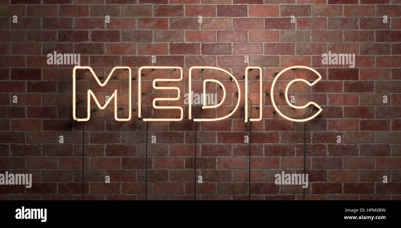 MEDIC - fluorescent Neon tube Sign on brickwork - Front view - 3D ...