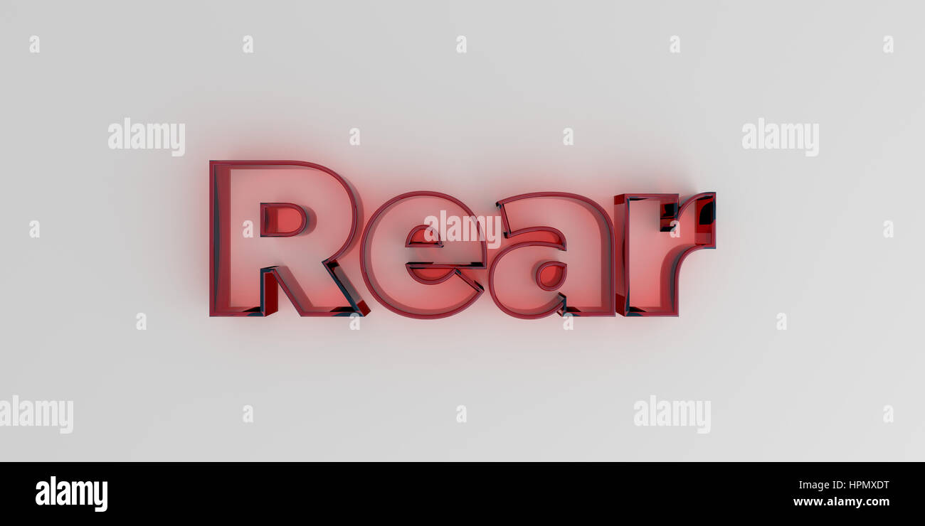 Rear - Red glass text on white background - 3D rendered royalty free ...