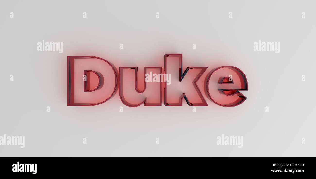Duke - Red glass text on white background - 3D rendered royalty free ...