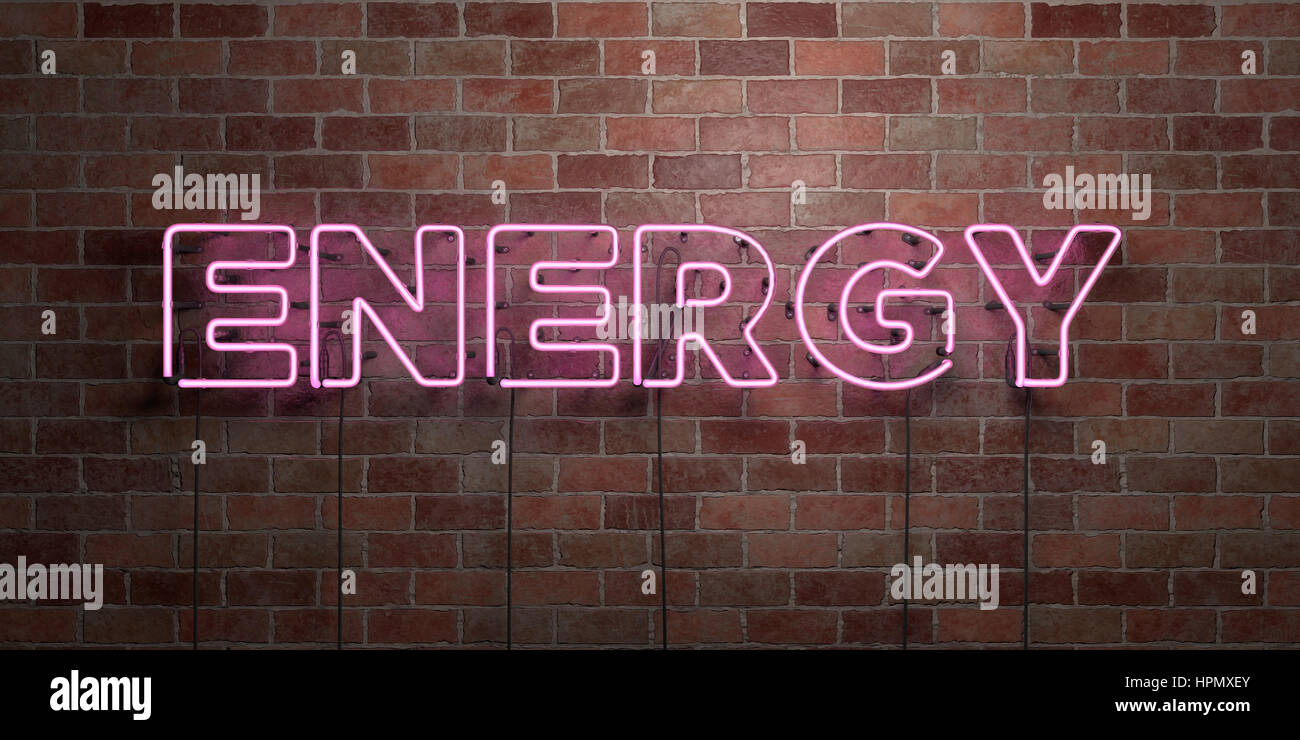 ENERGY - fluorescent Neon tube Sign on brickwork - Front view - 3D ...