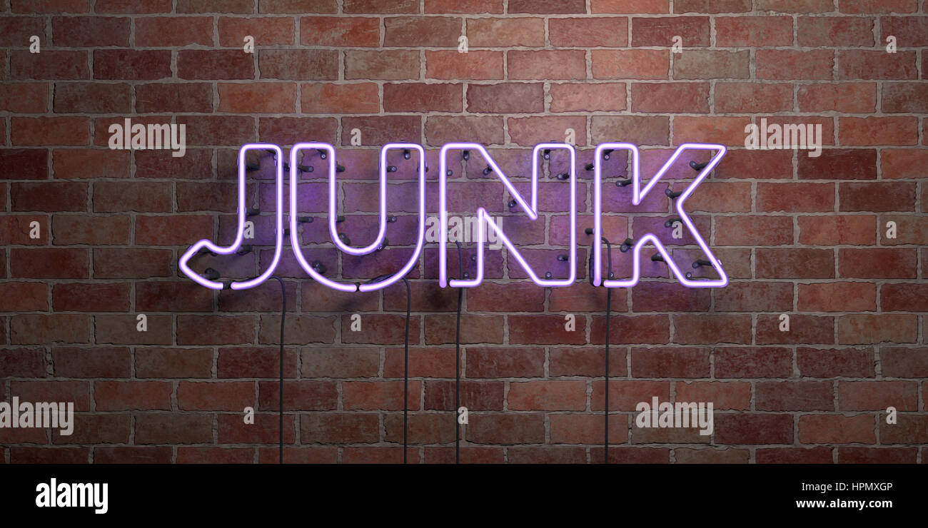 JUNK - fluorescent Neon tube Sign on brickwork - Front view - 3D ...