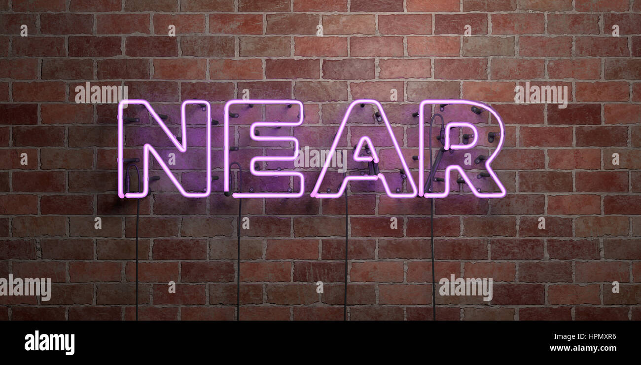 NEAR - fluorescent Neon tube Sign on brickwork - Front view - 3D ...