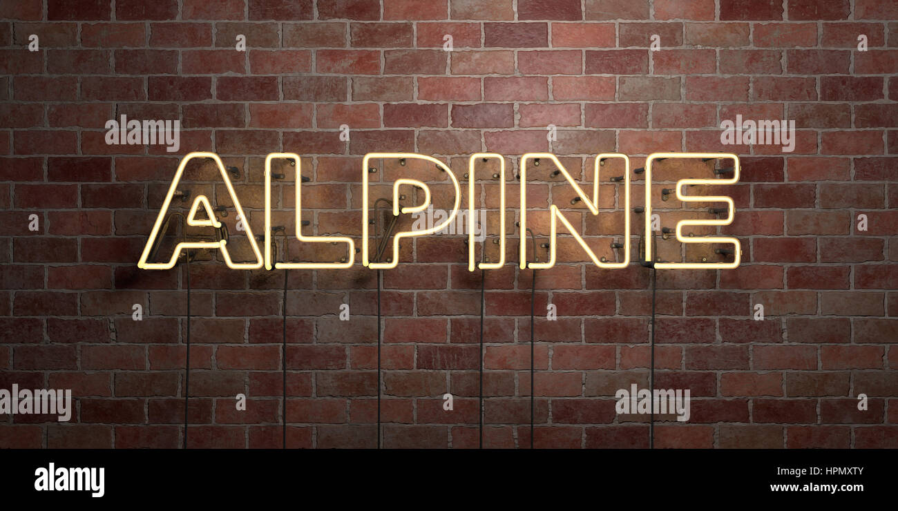 ALPINE - fluorescent Neon tube Sign on brickwork - Front view - 3D ...