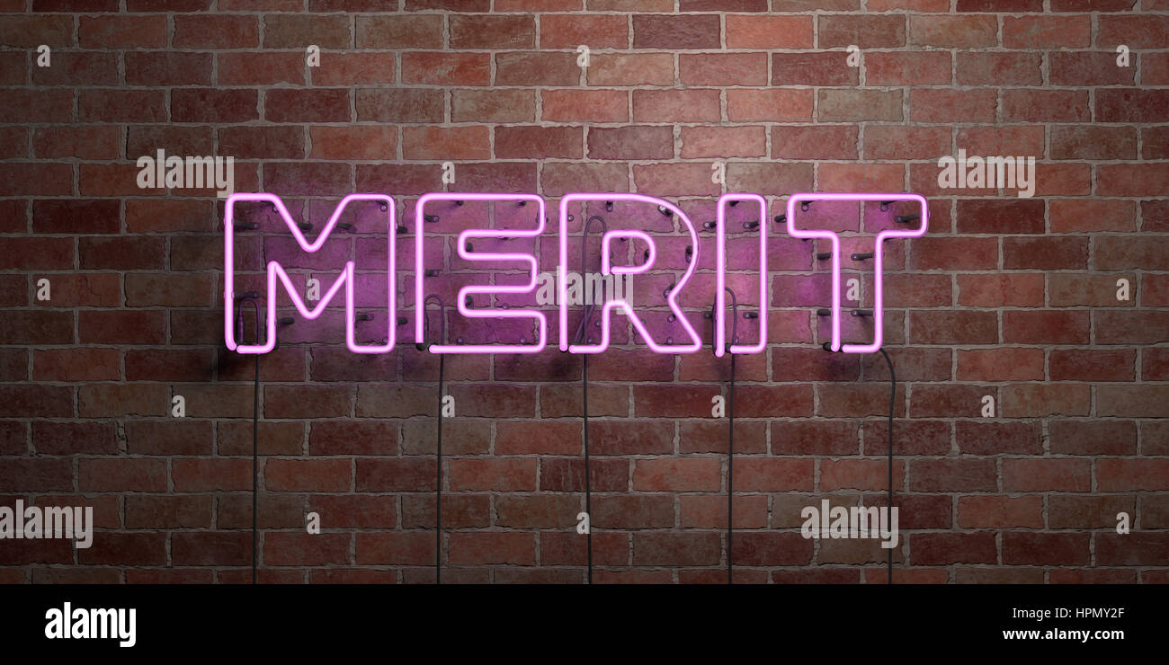 MERIT - fluorescent Neon tube Sign on brickwork - Front view - 3D ...