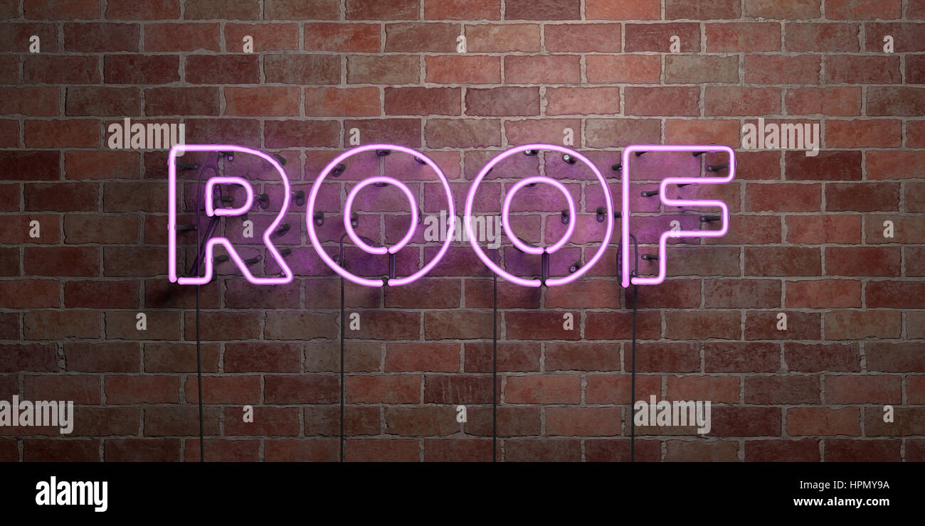 ROOF - fluorescent Neon tube Sign on brickwork - Front view - 3D ...
