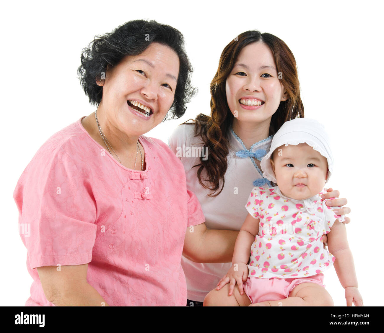 Portrait of happy three generations Asian family, grandmother, mother ...