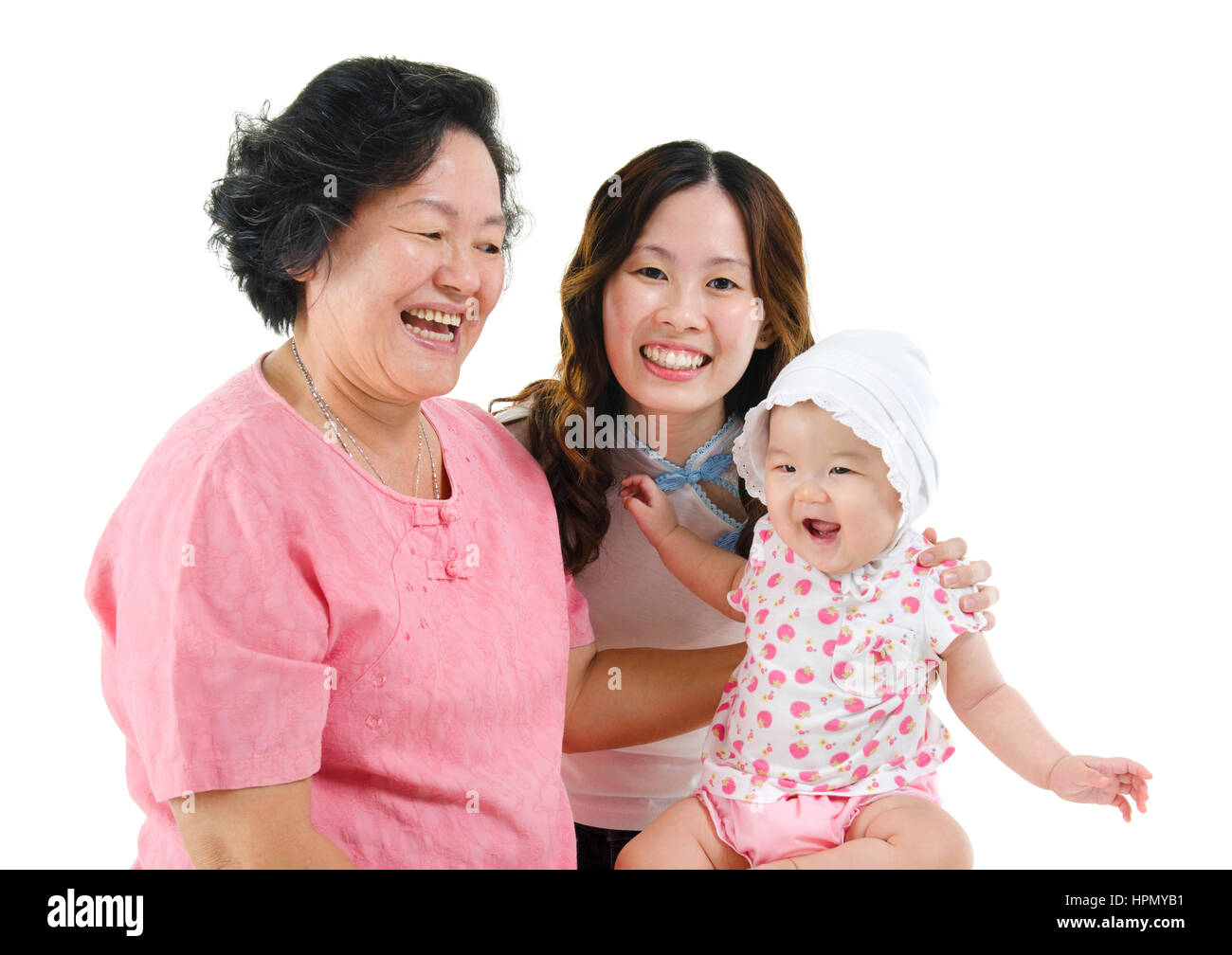 Portrait of happy three generations Asian family, senior woman, adult ...