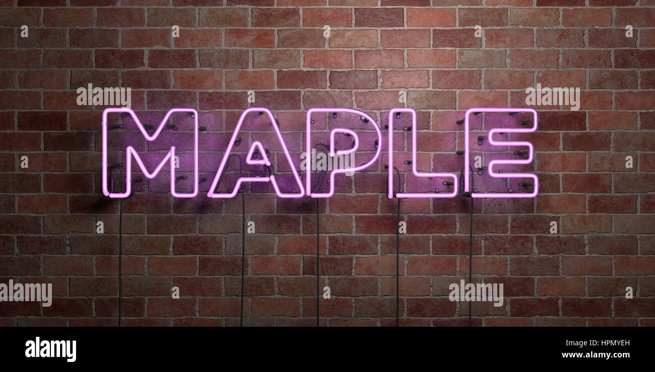 MAPLE - fluorescent Neon tube Sign on brickwork - Front view - 3D ...
