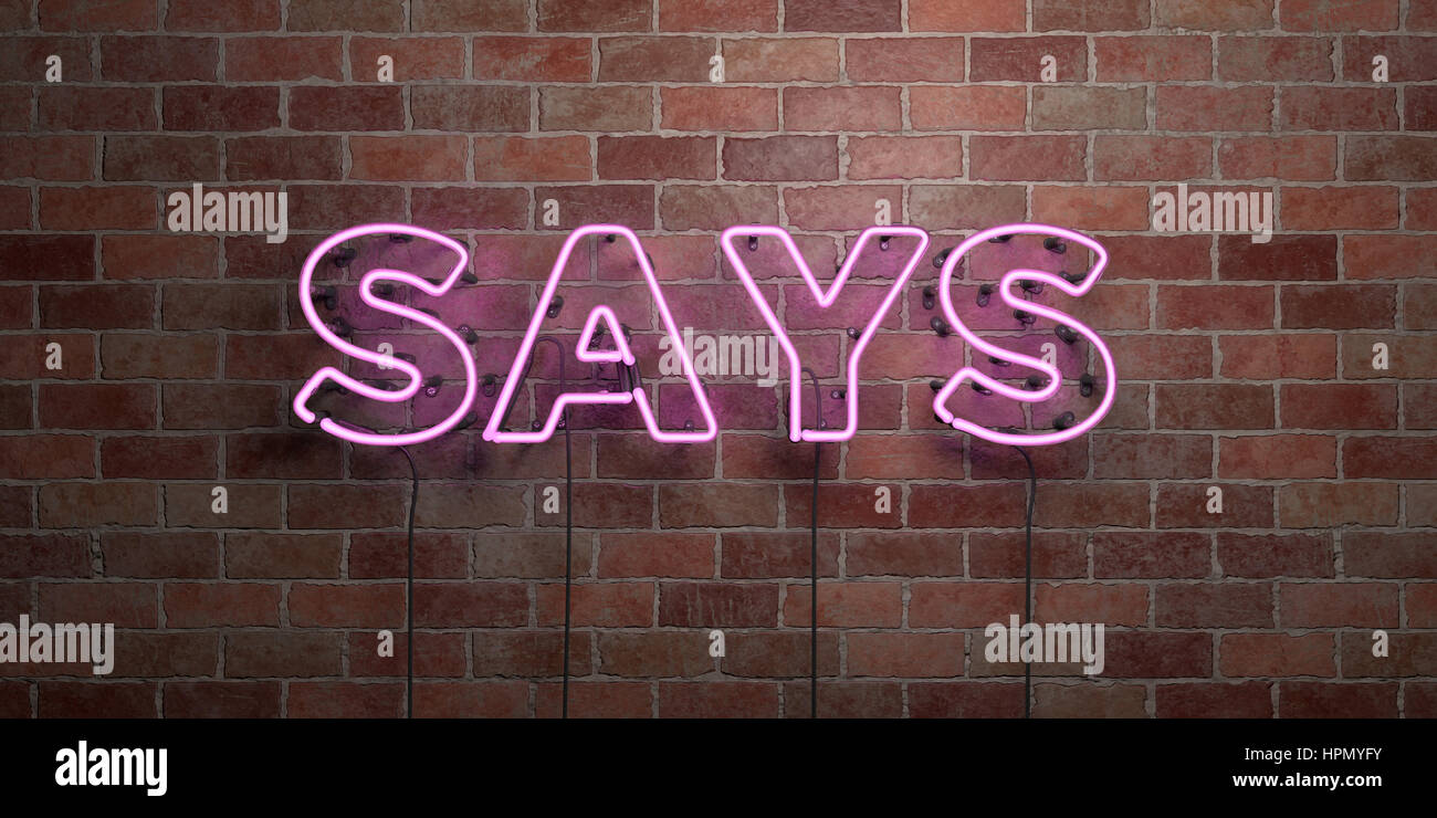 SAYS - fluorescent Neon tube Sign on brickwork - Front view - 3D ...