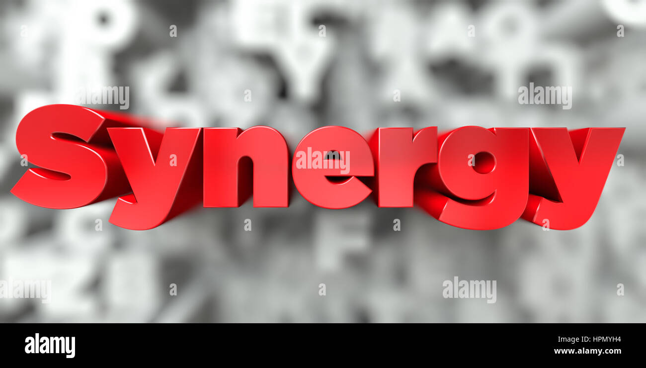 Synergy - Red text on typography background - 3D rendered royalty free ...