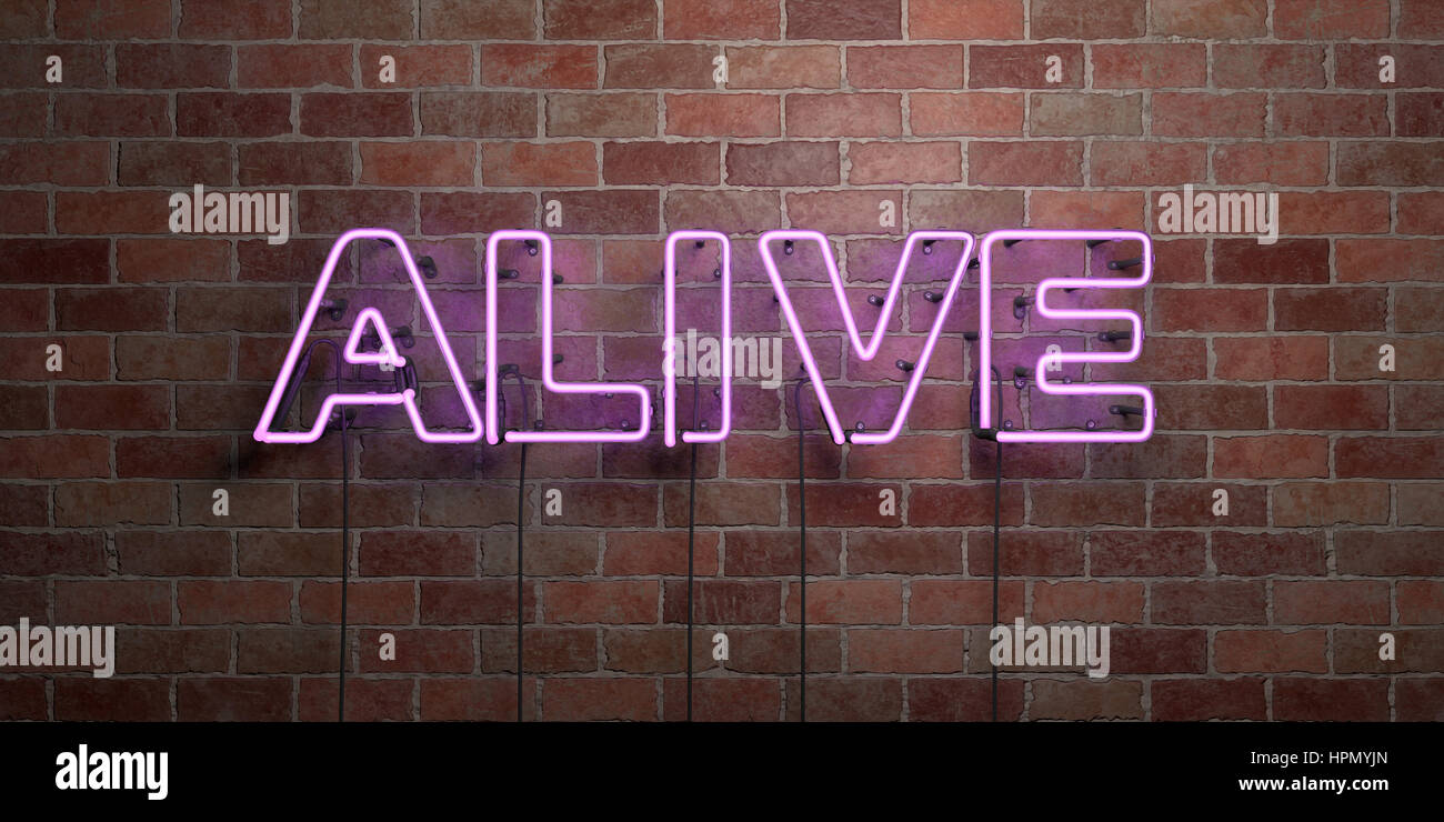 ALIVE - fluorescent Neon tube Sign on brickwork - Front view - 3D ...