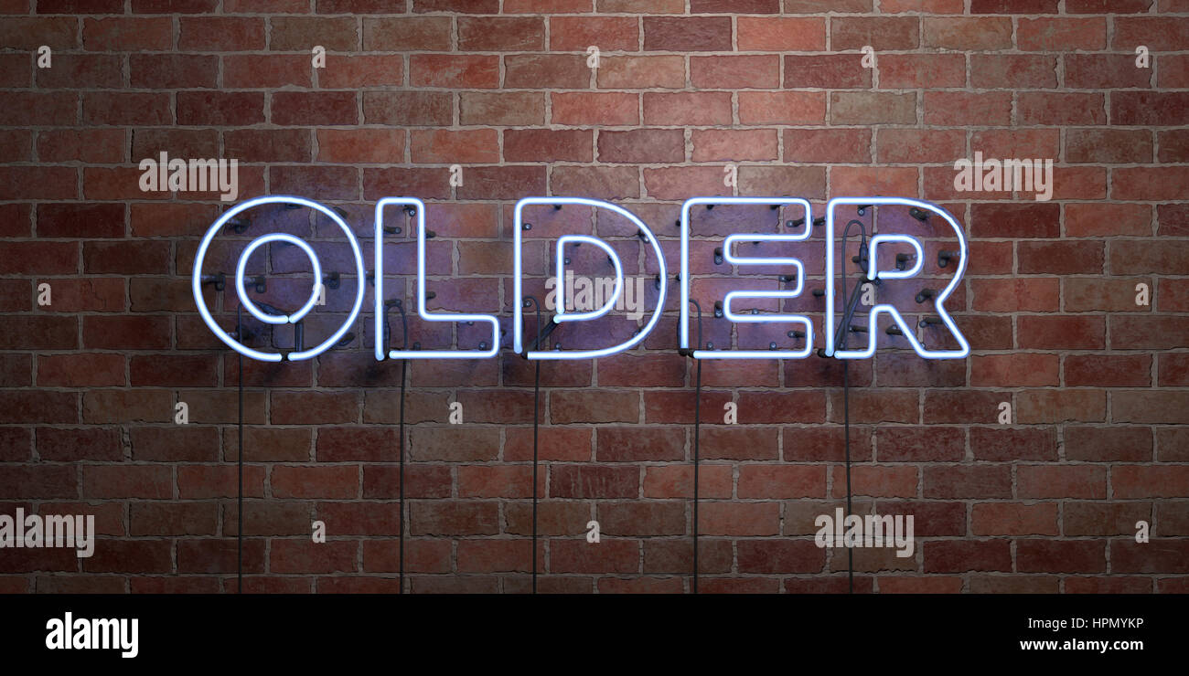 OLDER - fluorescent Neon tube Sign on brickwork - Front view - 3D ...