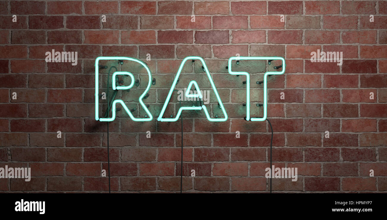 RAT - fluorescent Neon tube Sign on brickwork - Front view - 3D ...