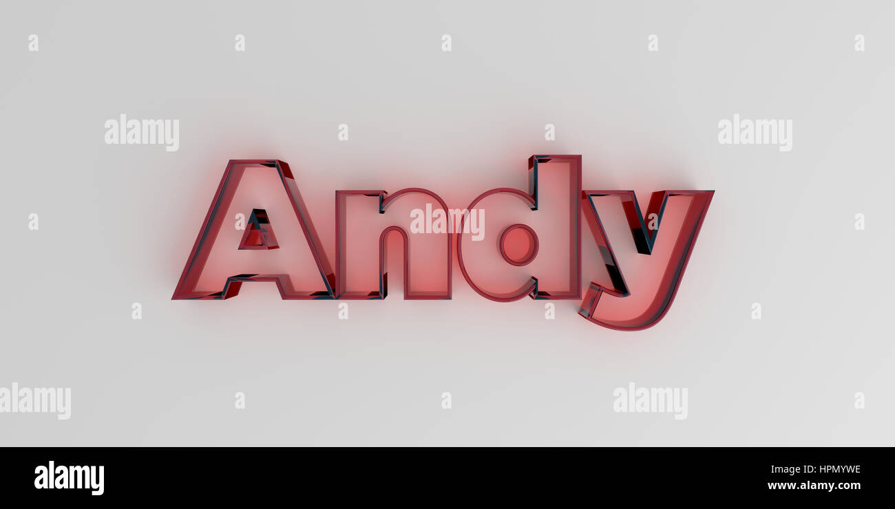 Andy - Red glass text on white background - 3D rendered royalty free ...