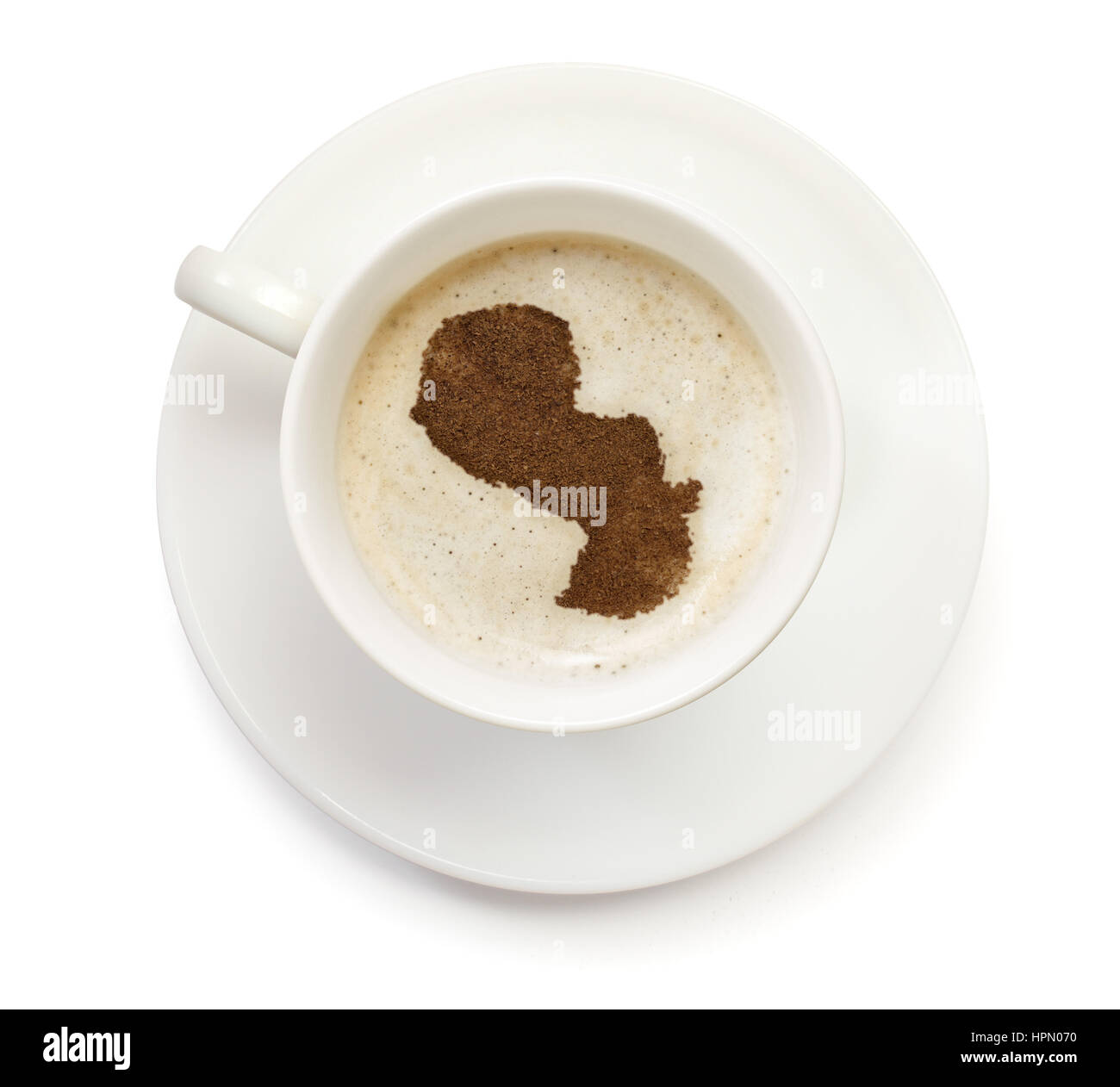 A cup of coffee with foam and powder in the shape of Paraguay.(series ...
