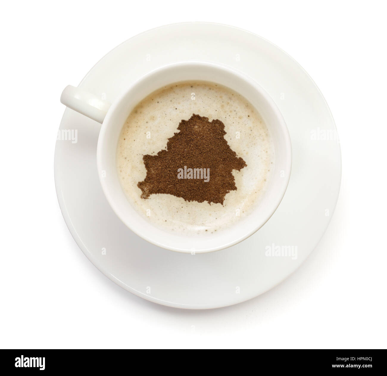 A cup of coffee with foam and powder in the shape of Belarus.(series ...
