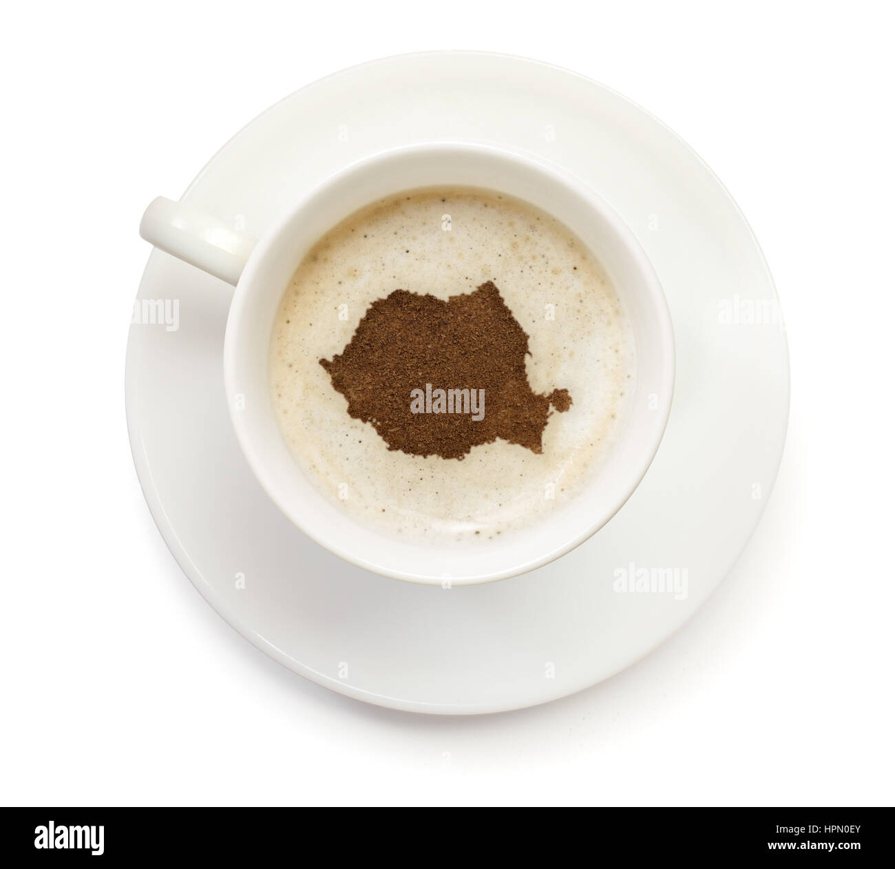 A cup of coffee with foam and powder in the shape of Romania.(series ...
