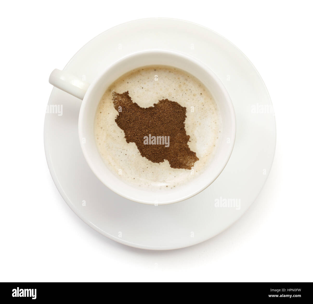 A cup of coffee with foam and powder in the shape of Iran.(series Stock ...