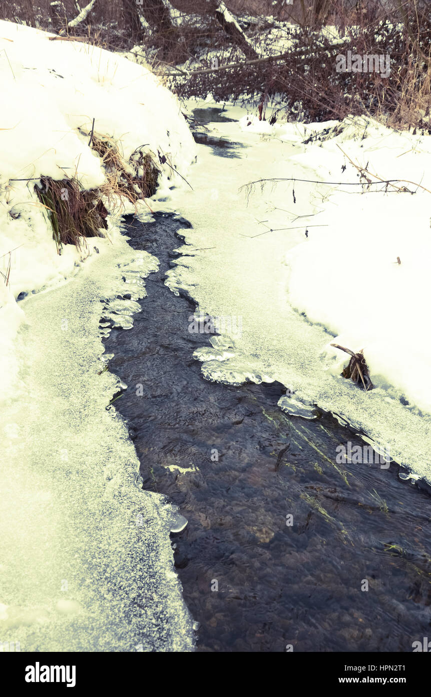 Winter river with snow, ice and some plants Stock Photo - Alamy
