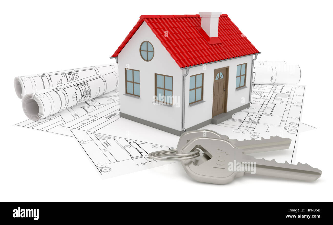A model home and house key on blueprints Stock Photo - Alamy