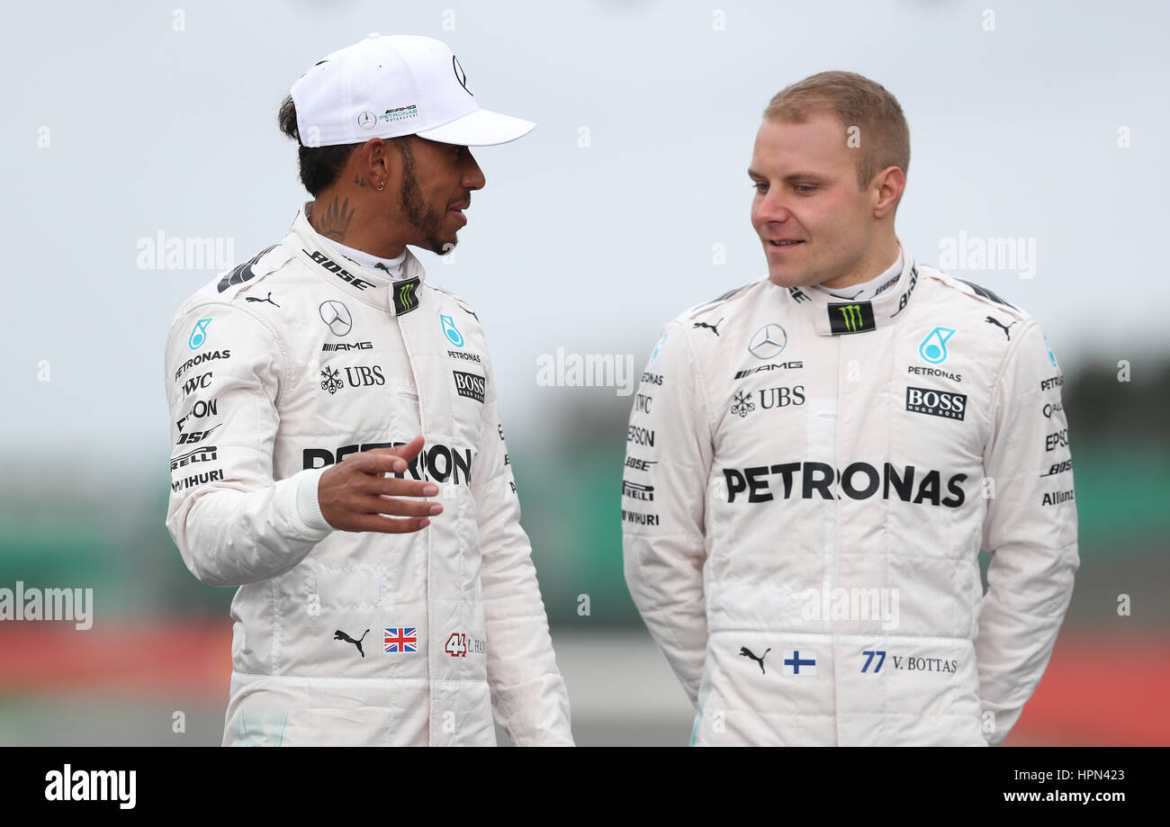 Drivers Lewis Hamilton (left) and Valtteri Bottas during the Mercedes ...