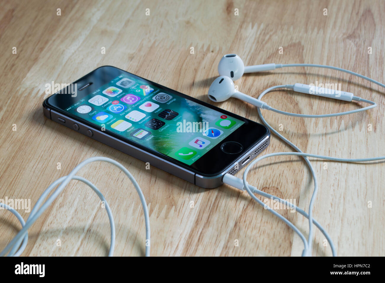 Bangkok, Thailand - February 22, 2017 : Apple iPhone5s with messy wire ...