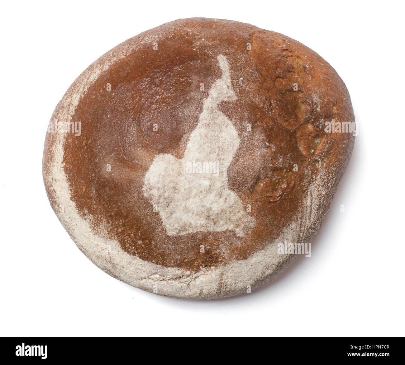 A freshly baked loaf of bread covered with rye flour in the shape of ...