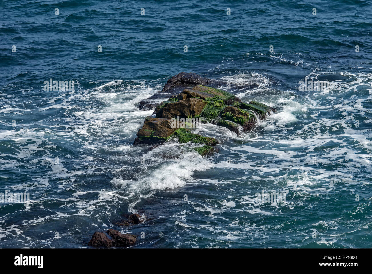 Moss covered rock and reef formation near a beach Stock Photo - Alamy
