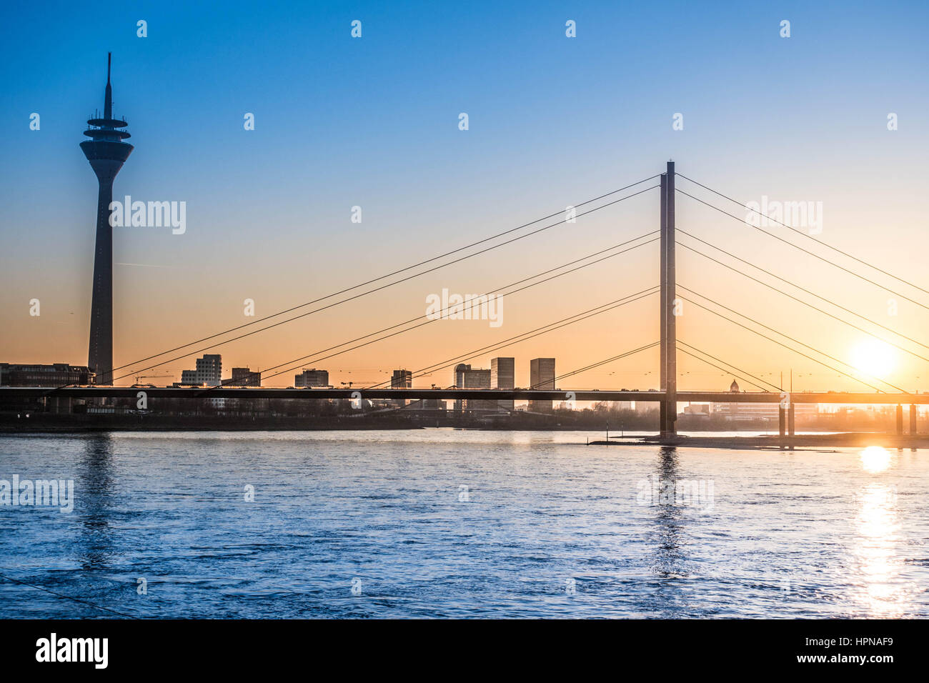 Cityscape, skyline, cityline from dusseldorf by the water in Germany ...